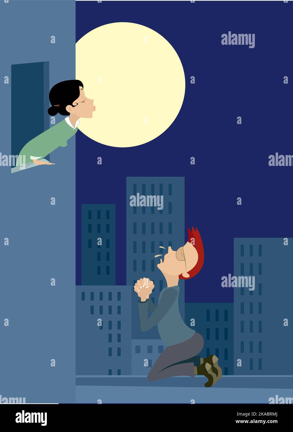 Love couple rendezvous under the moon. Full moon, young woman and man ...