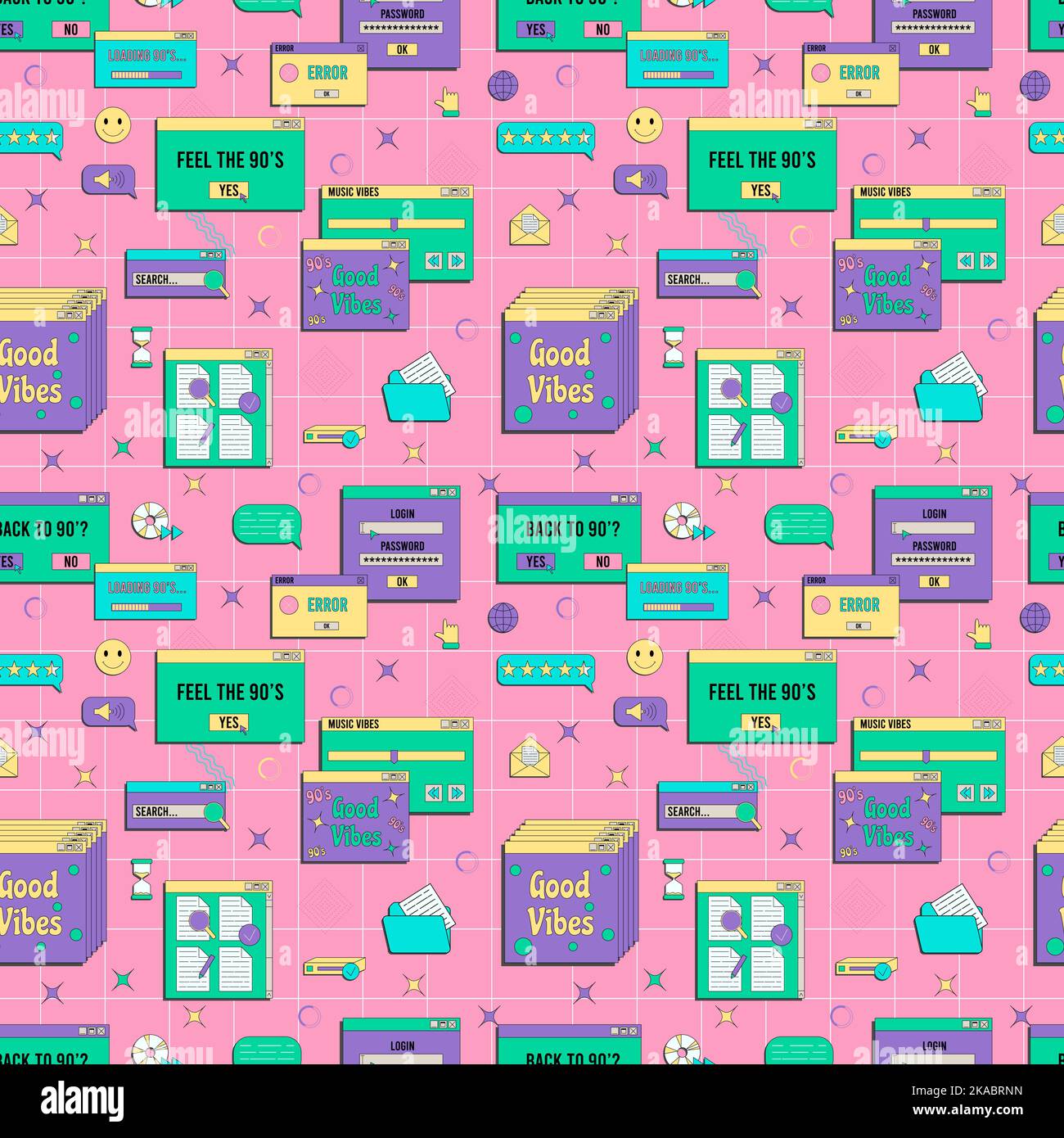 Vaporwave UI and UX elements seamless pattern. PC retro game frame ... Vaporwave UI and UX elements seamless pattern. PC retro game frame ...
