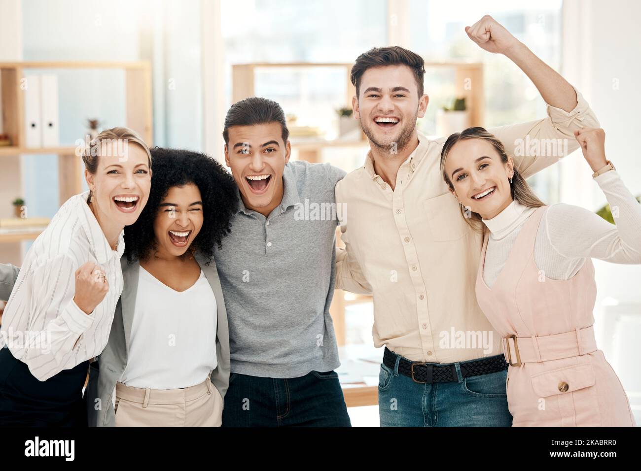 Success, excited and portrait of team in the office celebrating successful business meeting ...