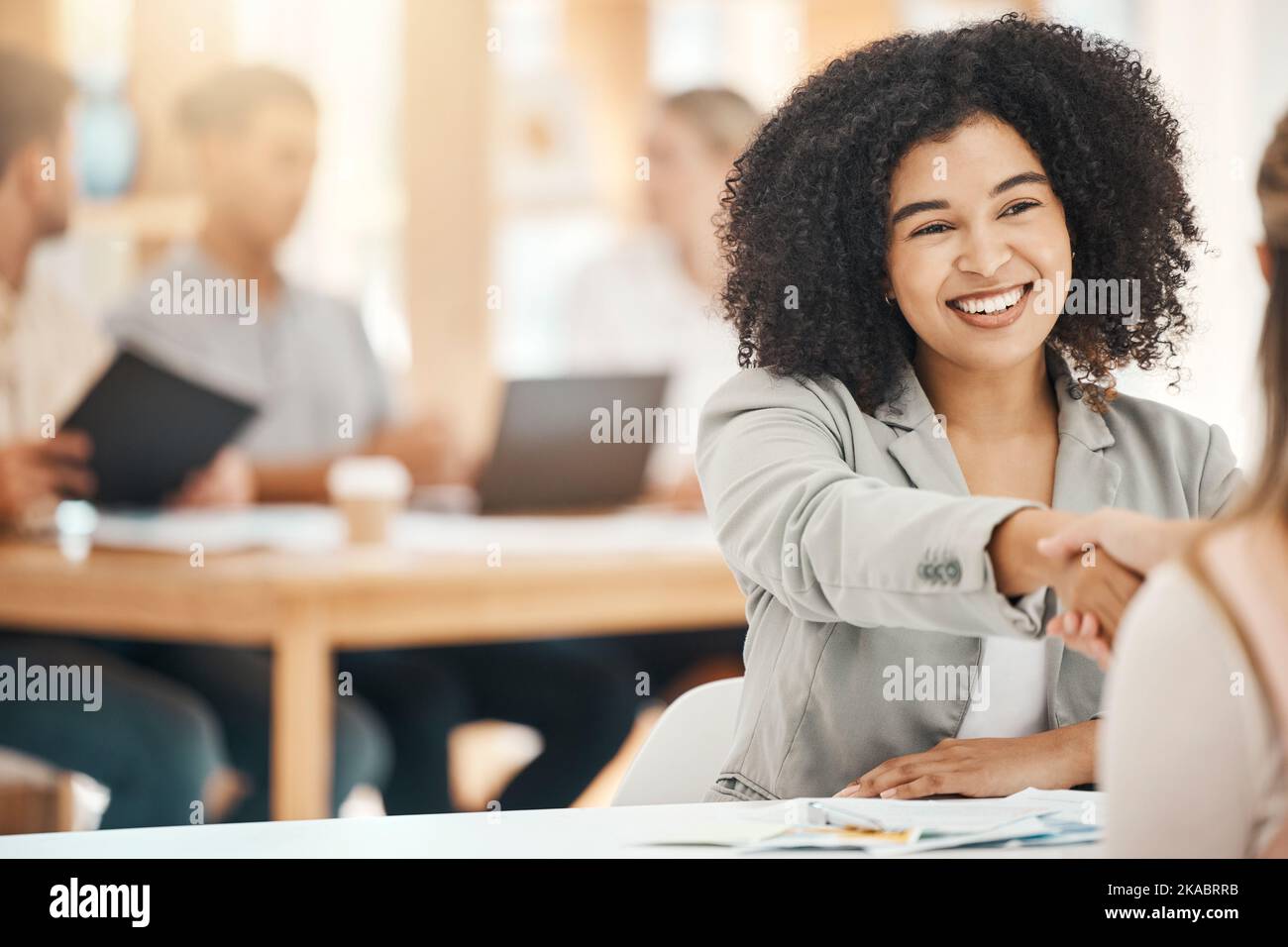 Business people, handshake and success in office, partnership or ...