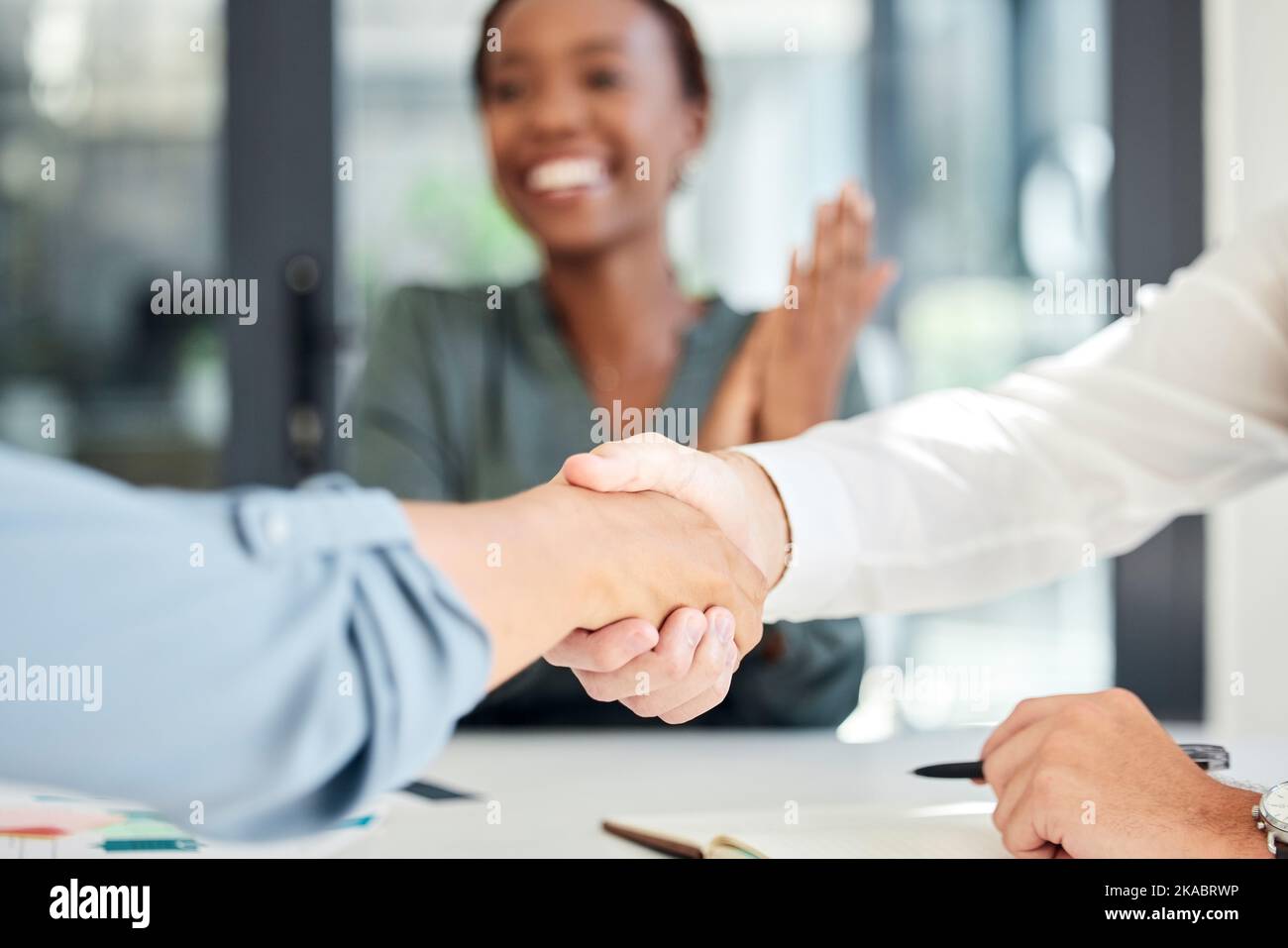 Handshake, deal and business partnership agreement with applause at ...