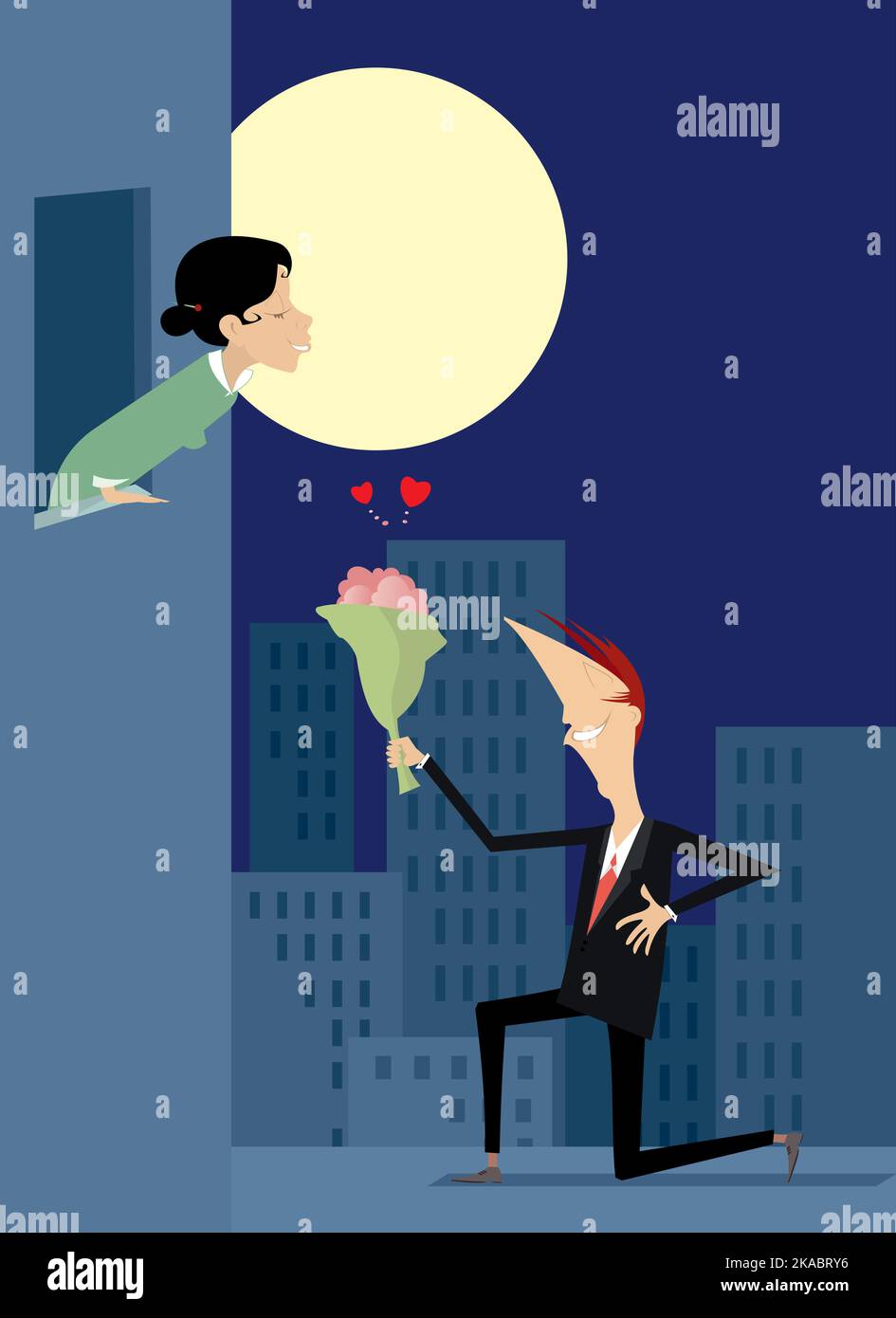 Love couple rendezvous under the moon illustration. Man in love staying ...