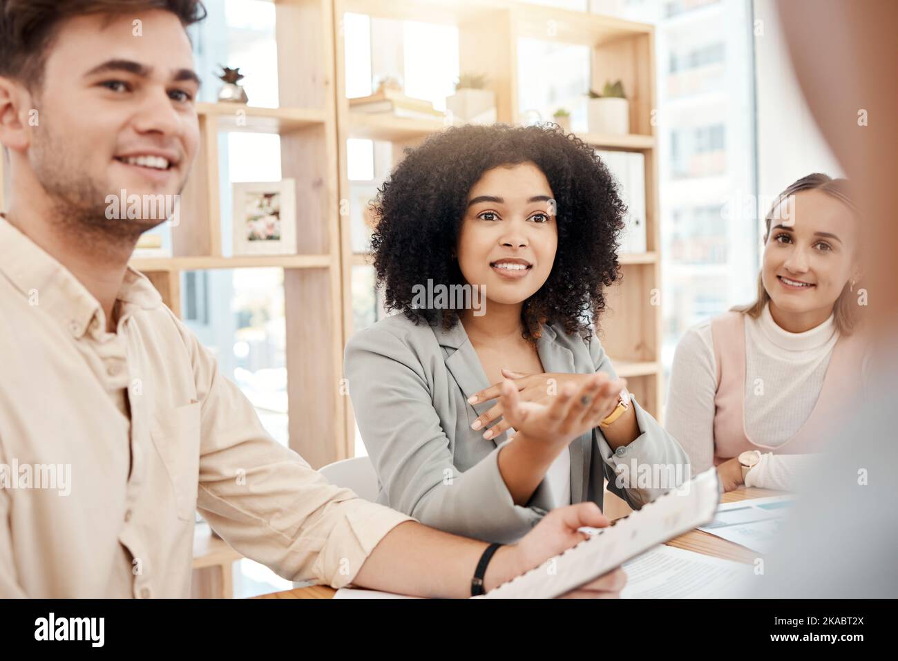 Team collaboration, support and idea in office workshop, brainstorming ...