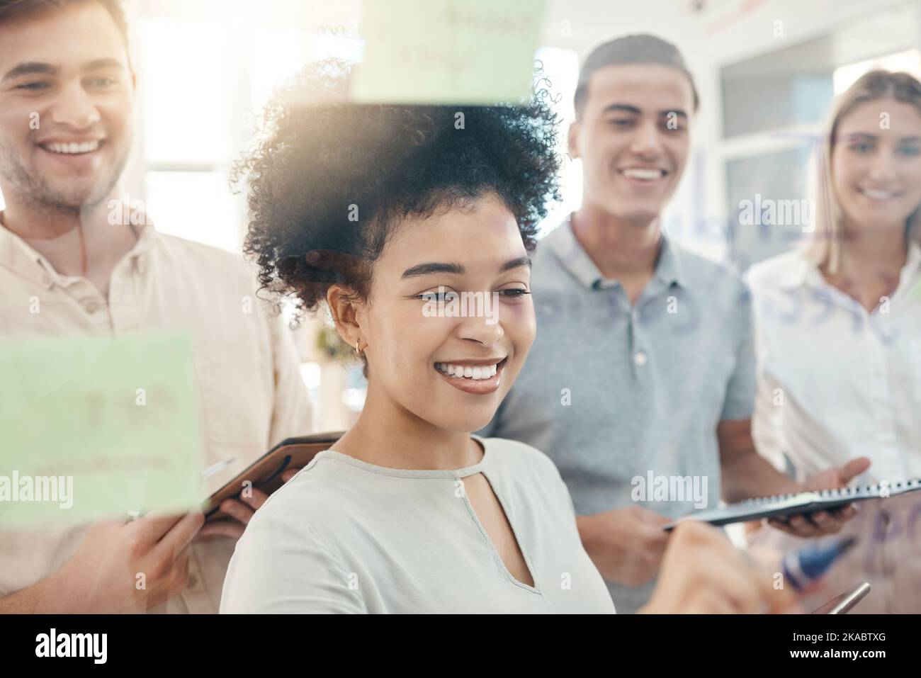 Diversity, team and post it for marketing strategy, presentation or ...