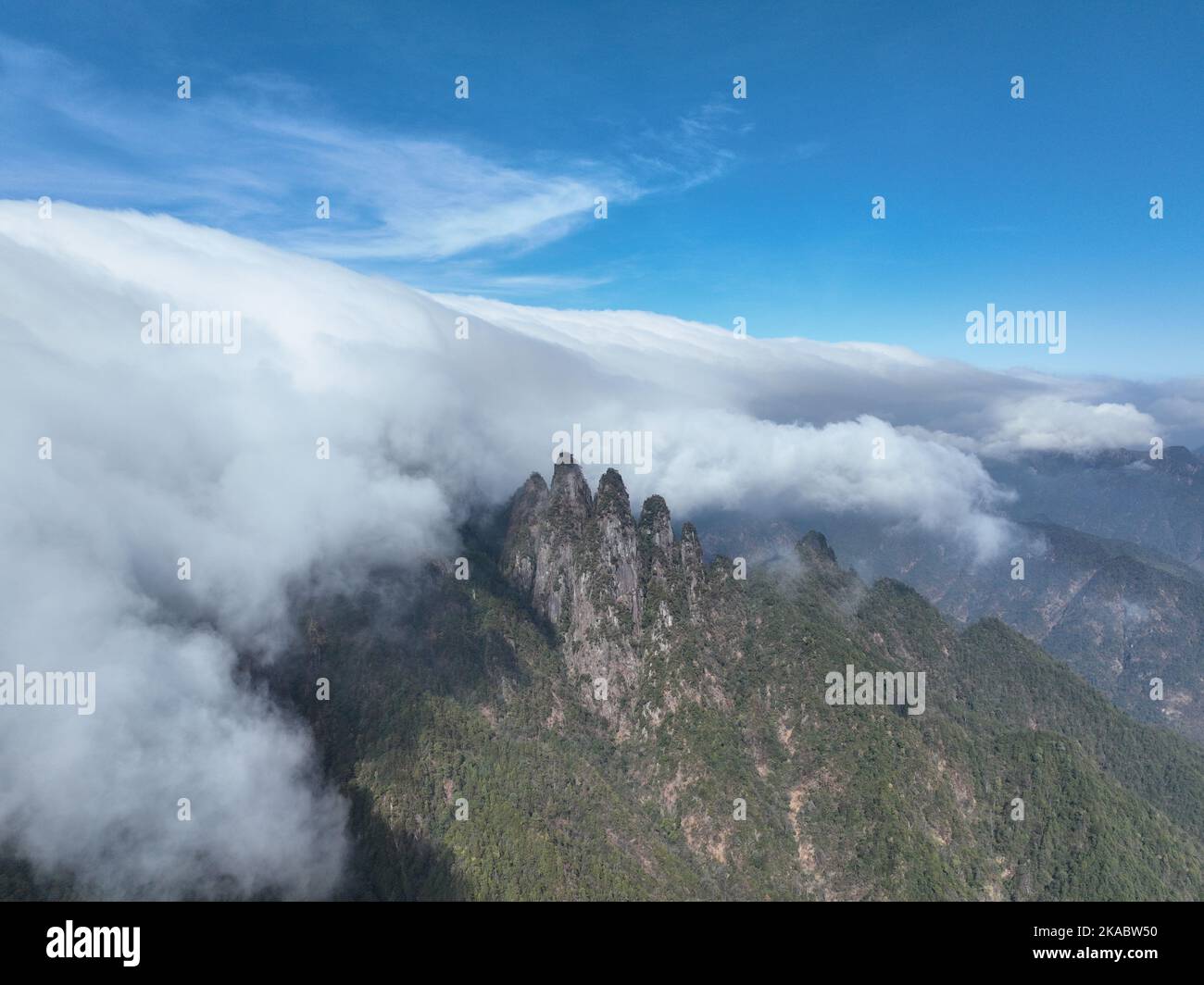 Cloud waterfall landscape on the Five Fingers Peak, Shangyou County ...