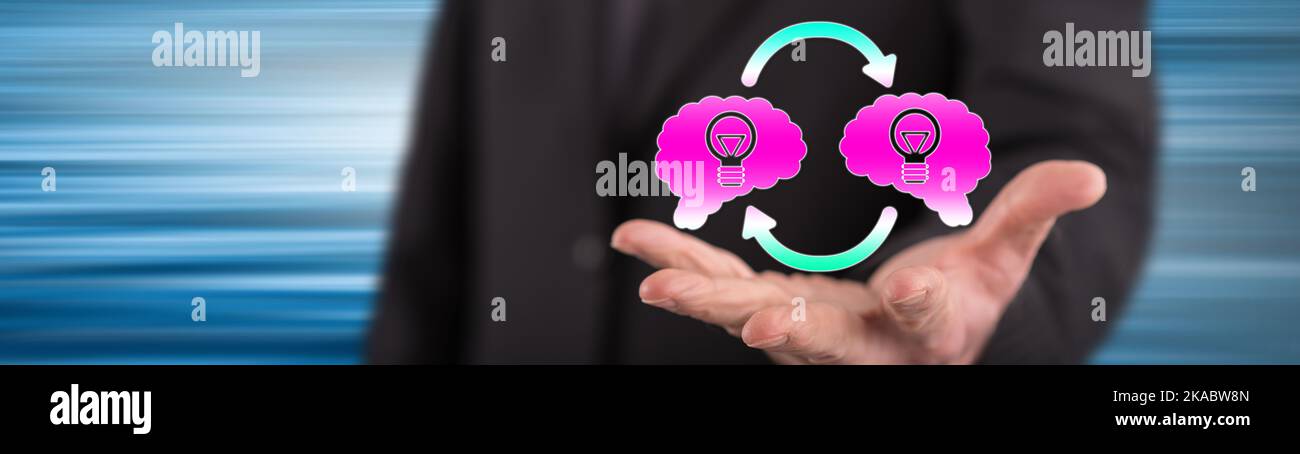 Knowledge sharing concept above the hand of a man in background Stock ...