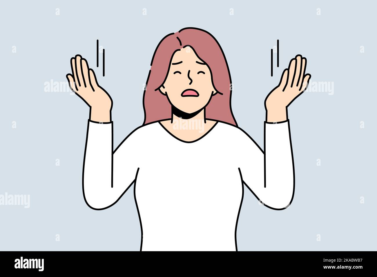 Young woman with hands raised up praying. Religious spiritual female ...