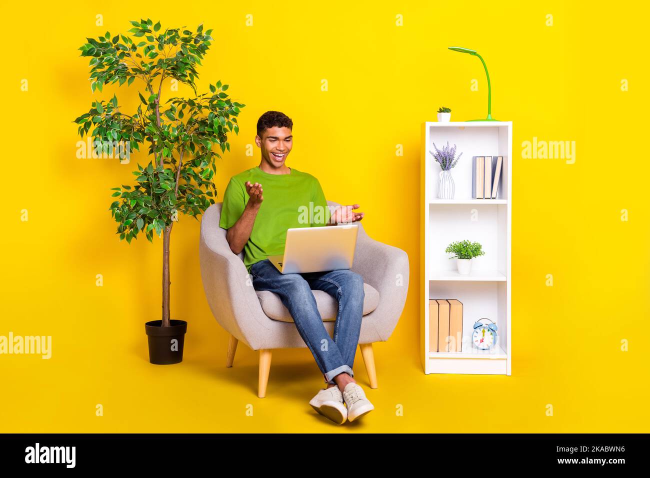 Full lenght photo of young attractive handsome programmer guy laptop ...