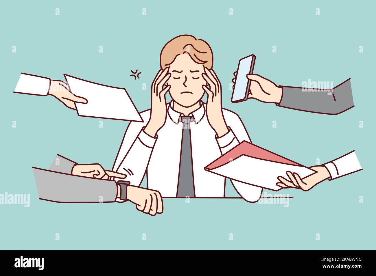 Annoyed businessman stressed with multiple hands giving papers and ...