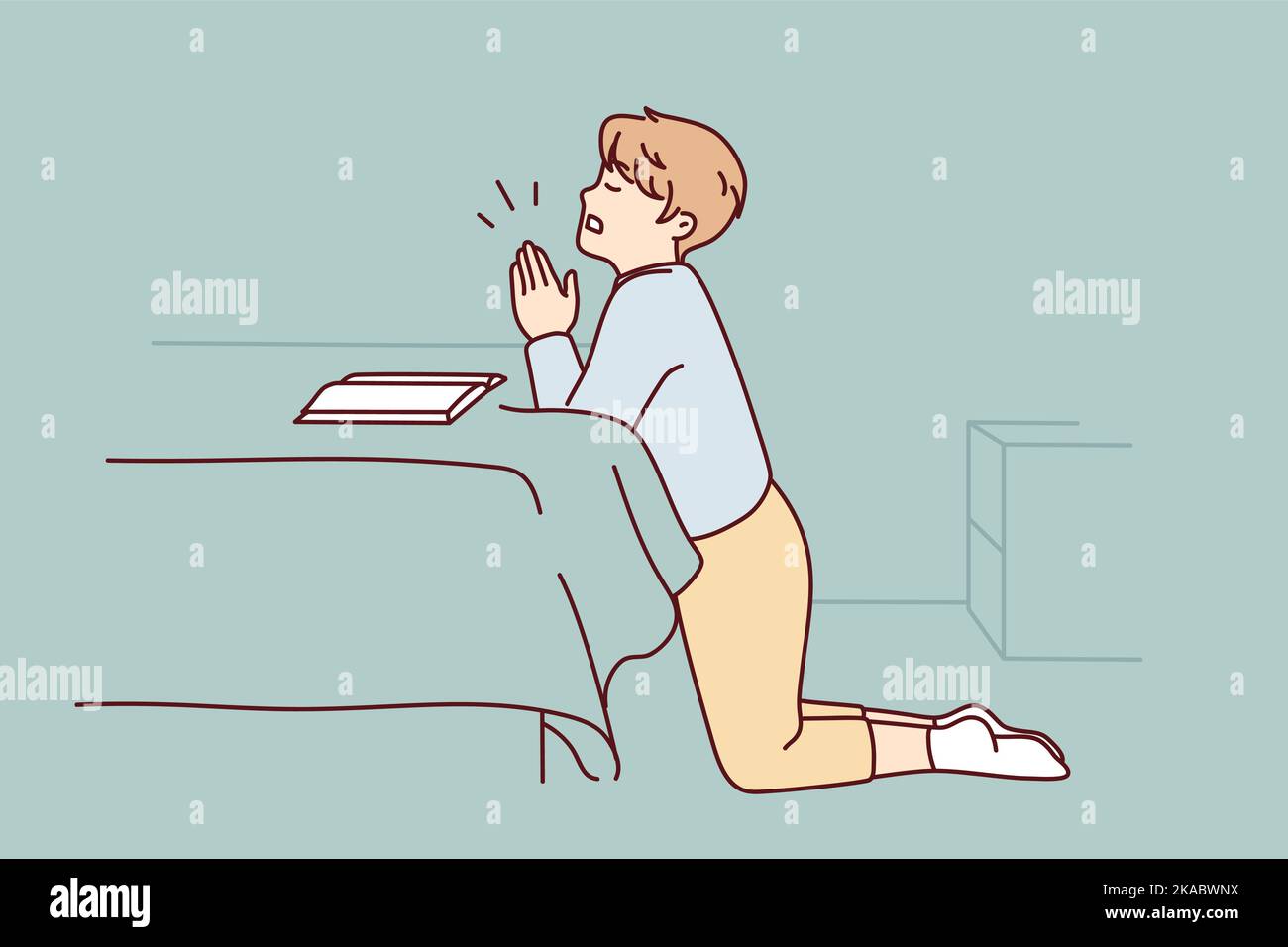 Small boy kneel in bedroom praying with hands join at home. Little ...