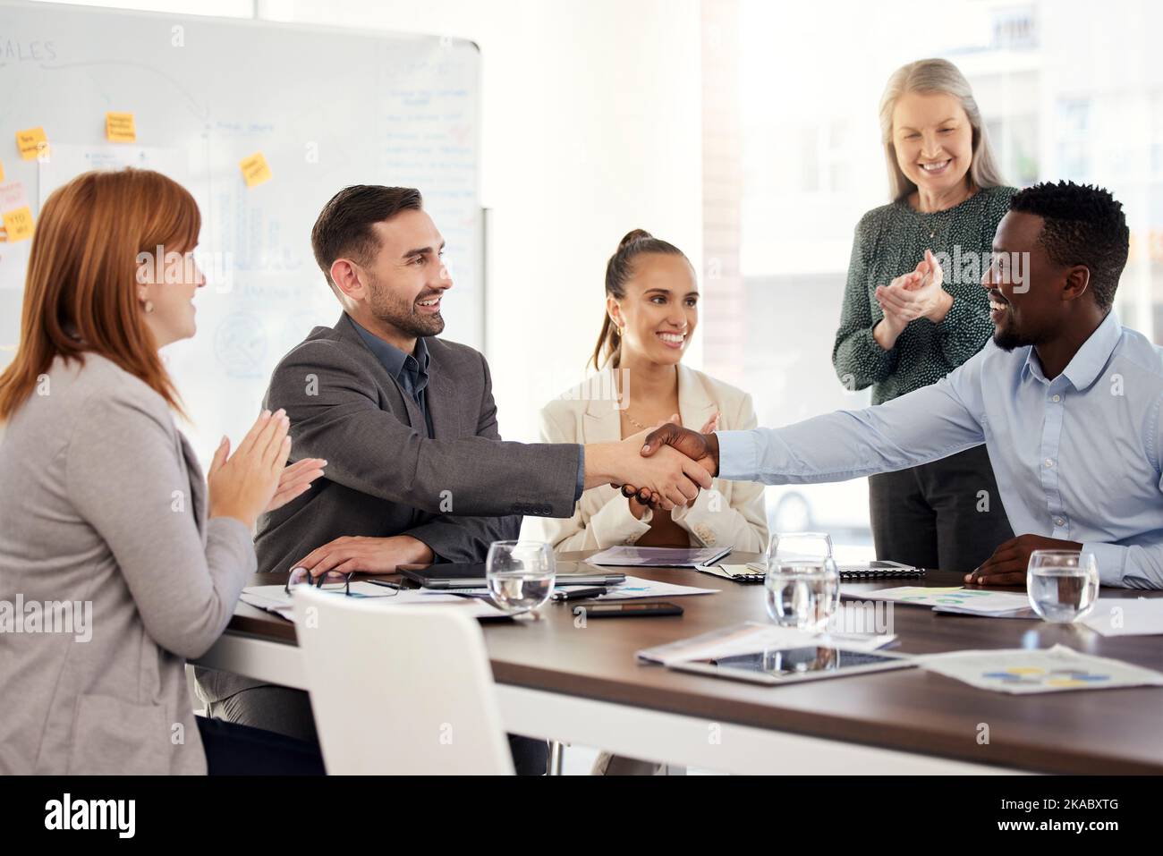 Corporate, client and partnership handshake of office workers with ...