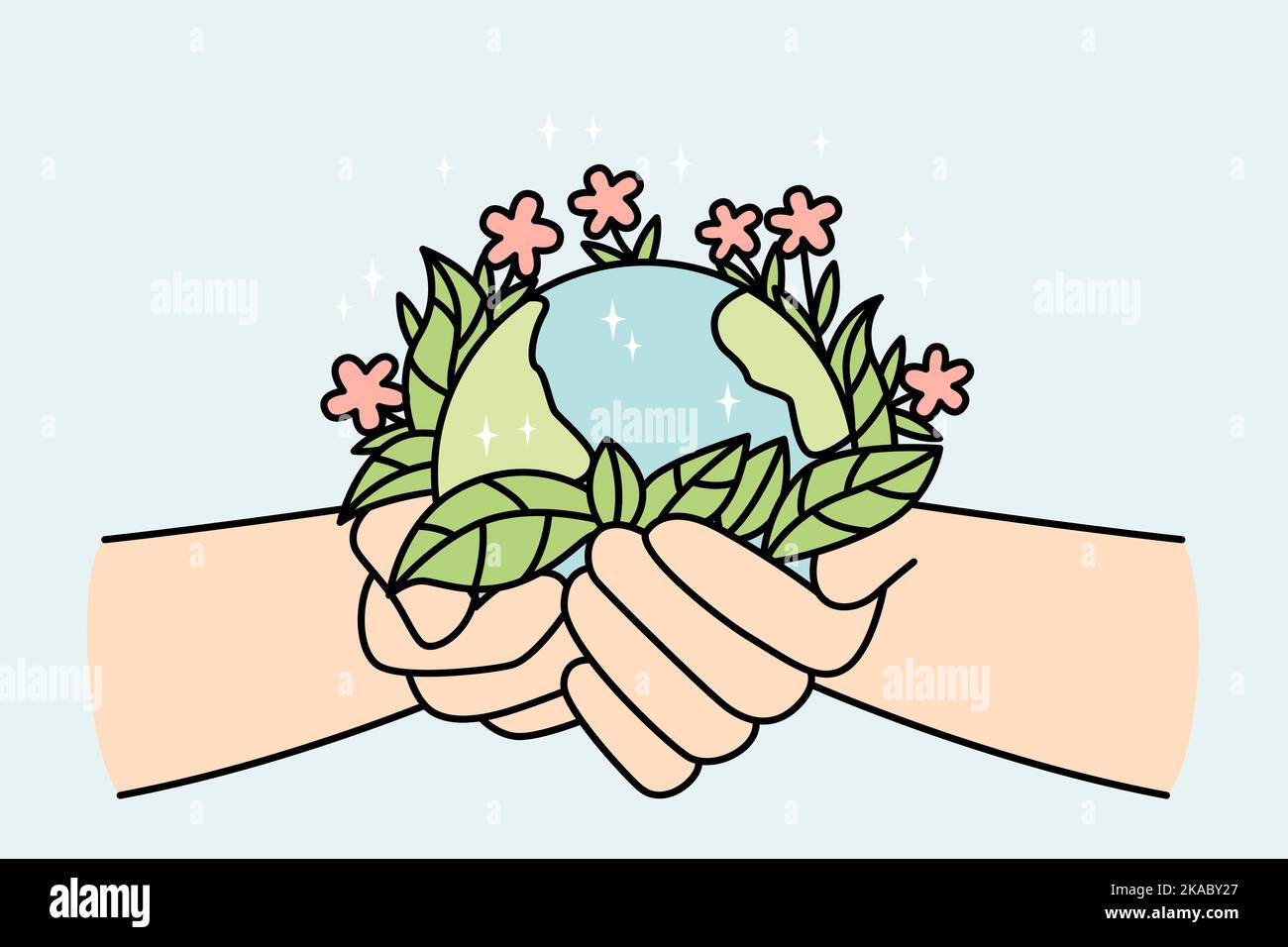 Person hands holding planet earth with blooming flowers. Activist or ...