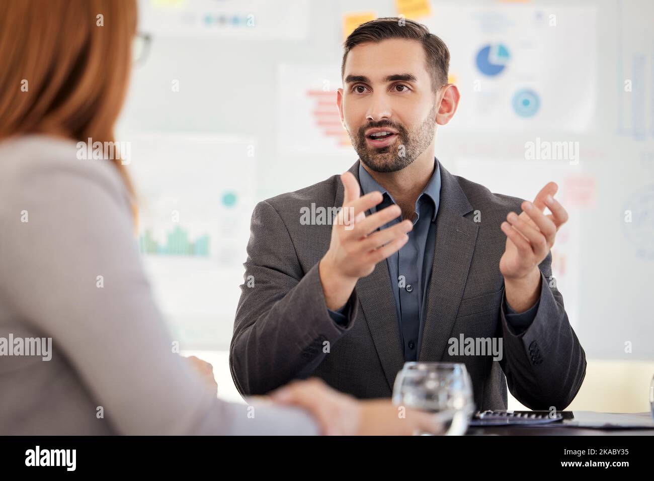 Business meeting, presentation and corporate man talking about company ...