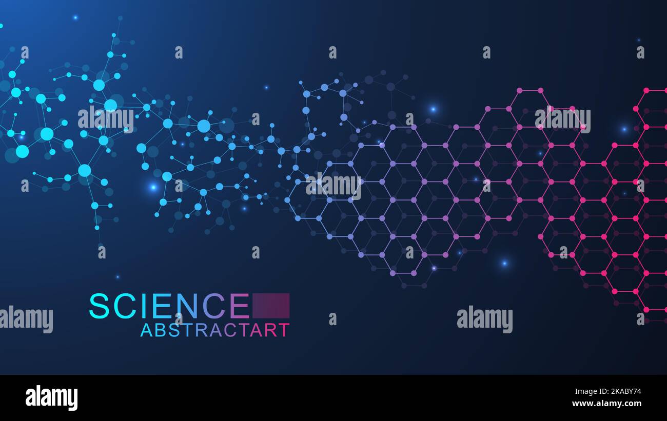 Modern scientific background with hexagons, lines and dots. Wave flow abstract background ...