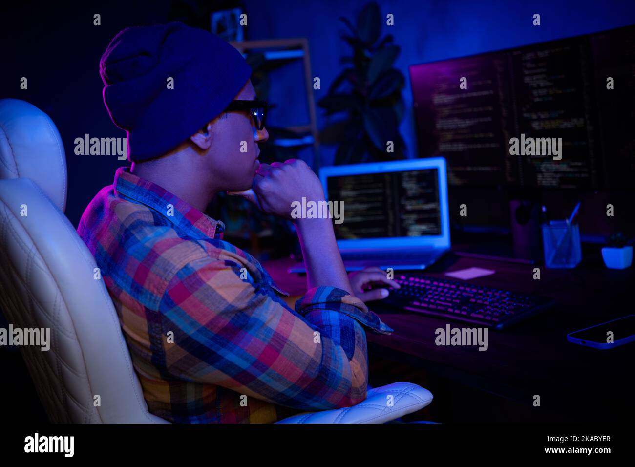 Profile photo of smart cybersecurity expert sitting chair arm touch ...