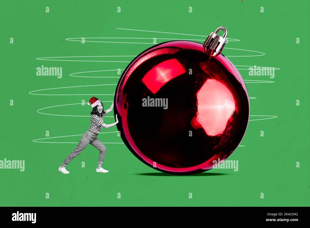 Collage photo of hard push drag big decor christmas ball girl santa ...