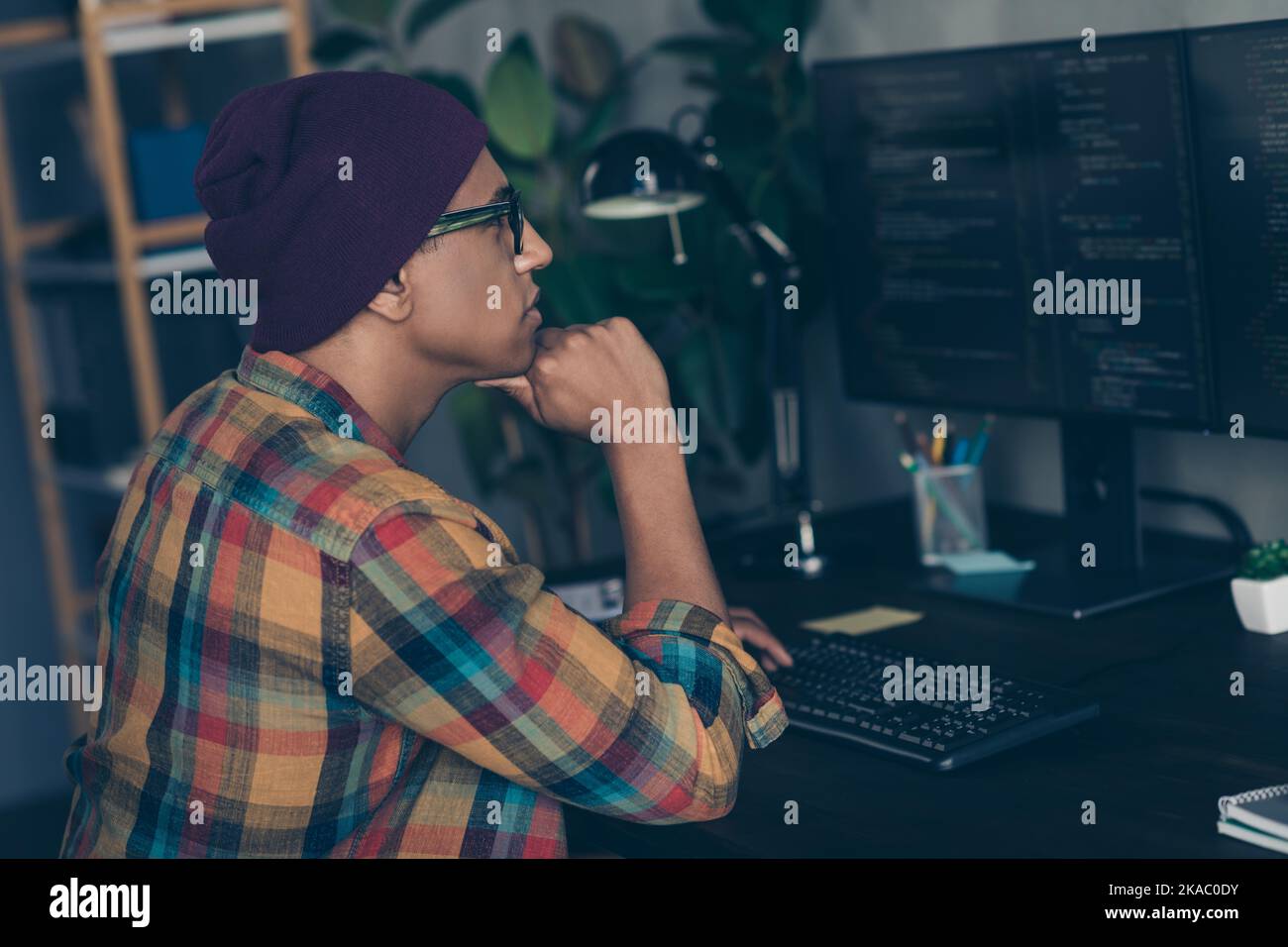Photo of thoughtful cool businessman dressed hat glasses debugging ...