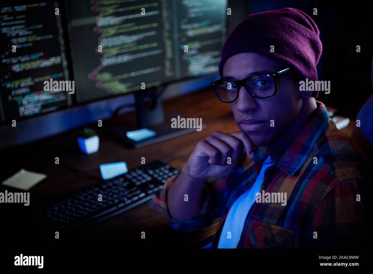 Profile photo of intelligent hacker sitting chair hand touch chin ...
