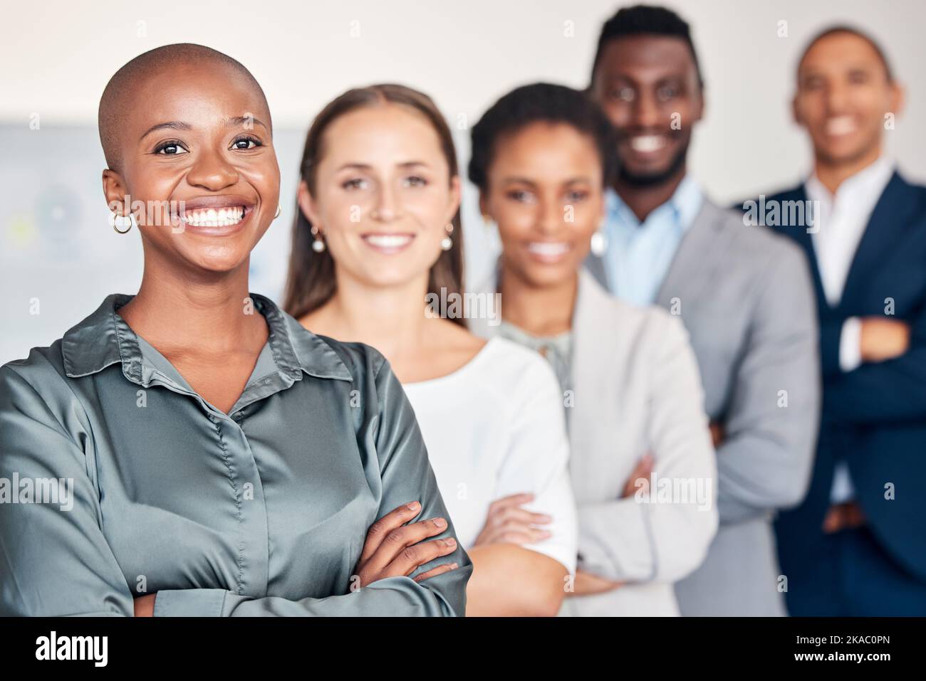 Portrait, teamwork and success with a female leader, CEO or manager and ...