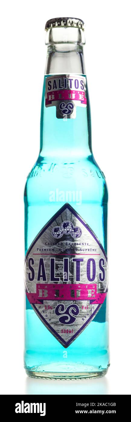 Bottle of Mexican Salitos Blue beer isolated on a white background ...