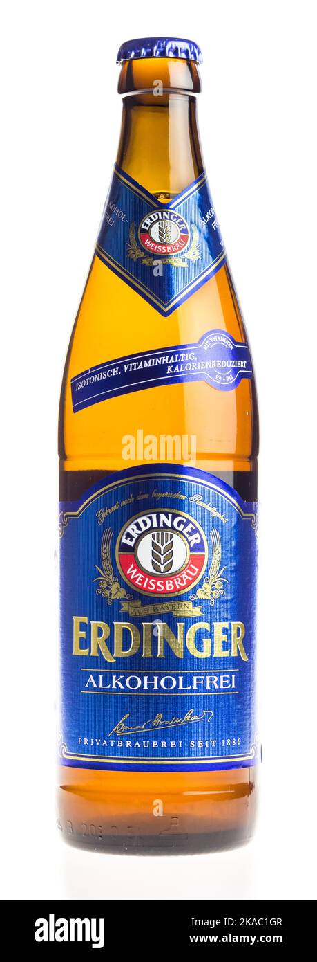 Bottle of Erdinger non-alcoholic wheat beer isolated on a white ...