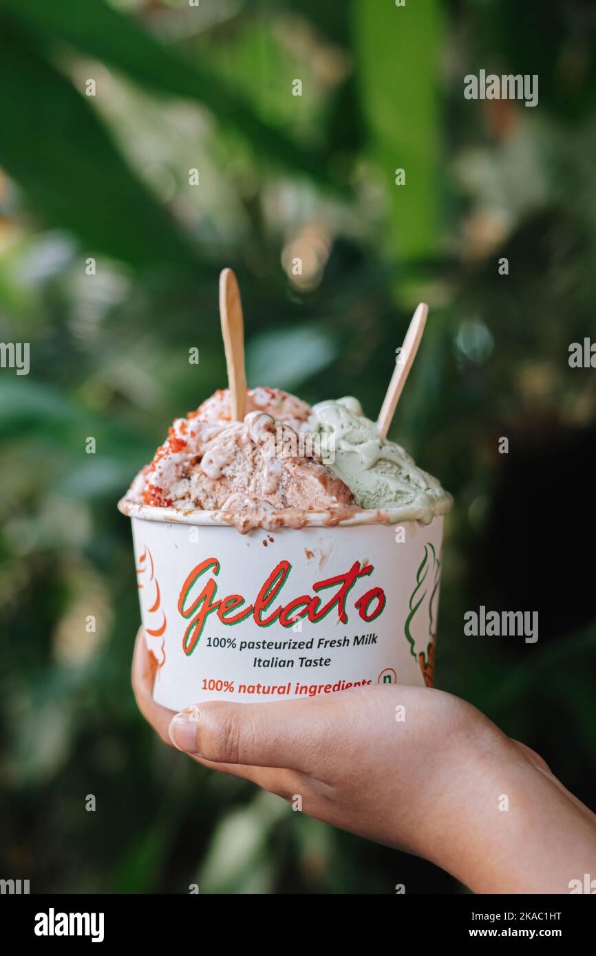 A cup of three flavors gelato that holds by hand with blurred ...
