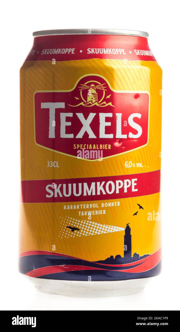 Can of Dutch Texels Skuumkoppe craft beer isolated on a white ...
