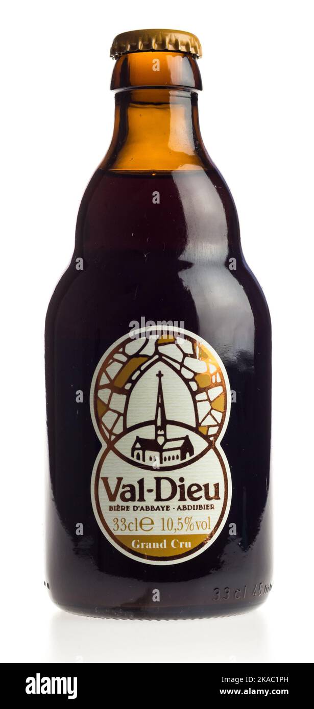 Bottle of Val Dieu Grand Cru craft beer isolated on a white background ...