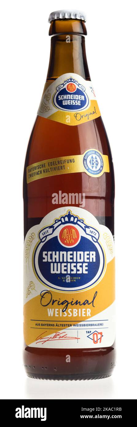Bottle of german Schneider Weisse beer isolated on a white background ...