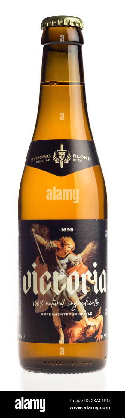Bottle of Victoria Strong Blond beer isolated on a white background ...