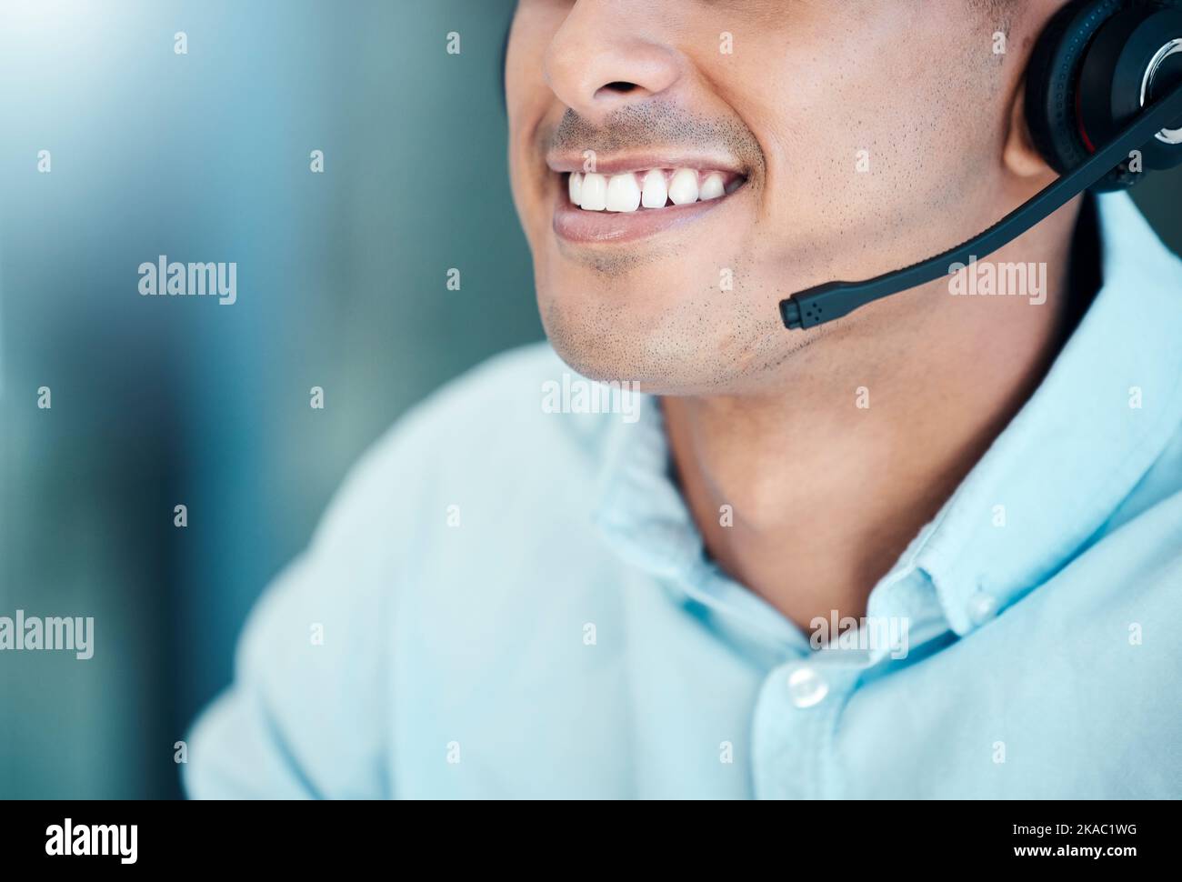 Call center, customer service and mouth of agent in the office, smile ...