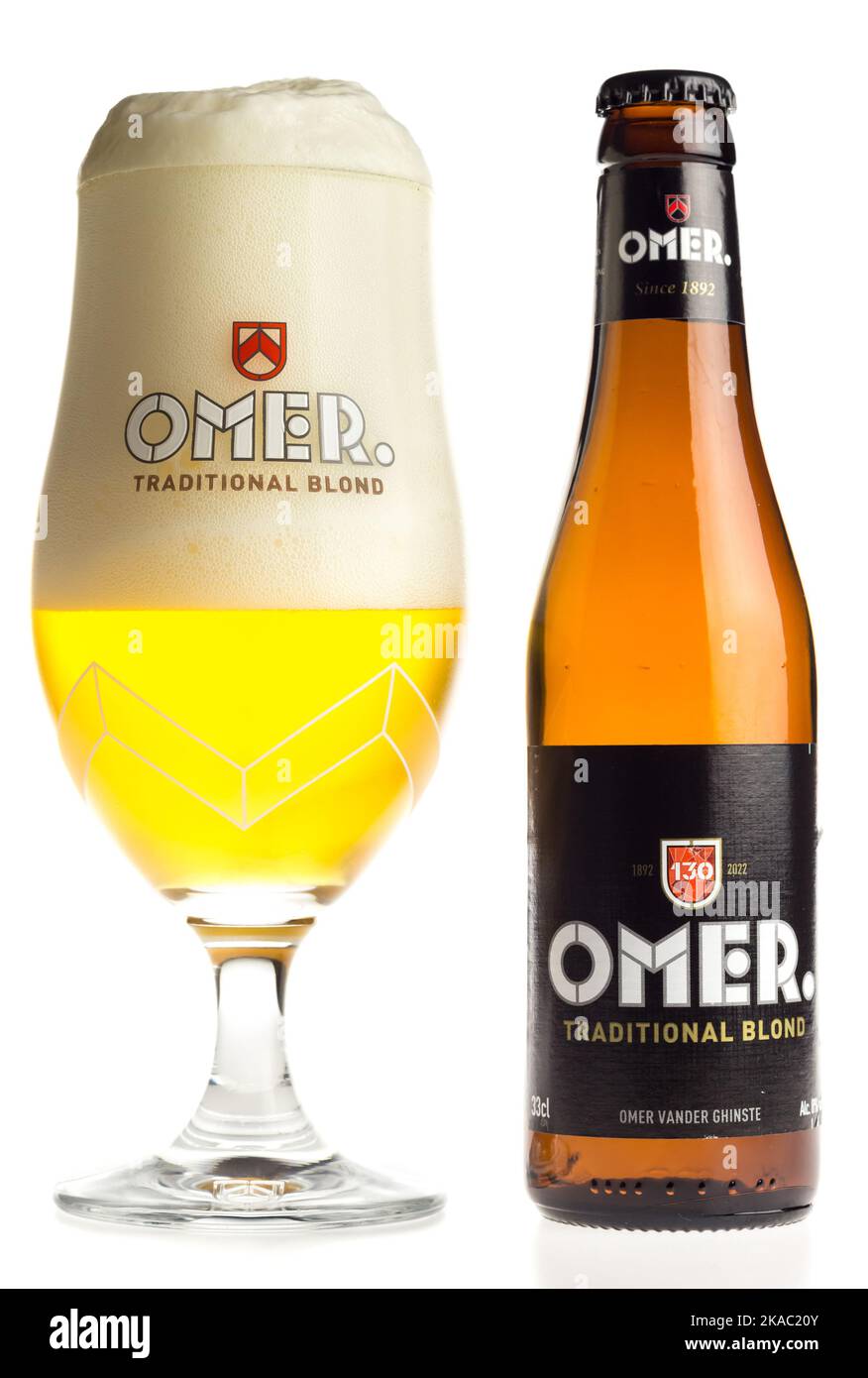 Bottle and glass of Omer Traditional Blond beer isolated on a white ...