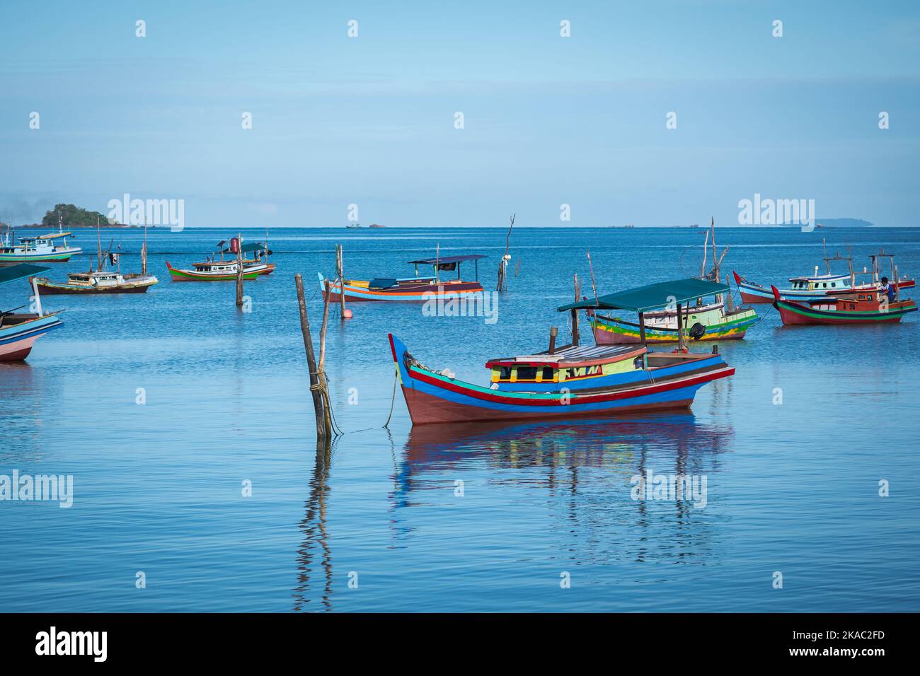 Indonesian colorful fishermen boats in Suak Gual, also called Aku de ...