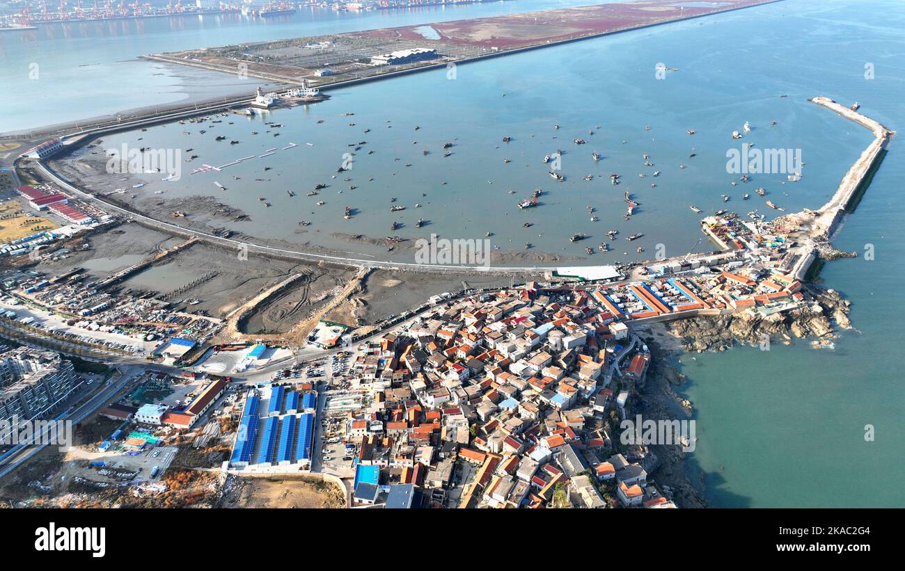 Aerial photos show the construction site of Liandao Central Fishing ...