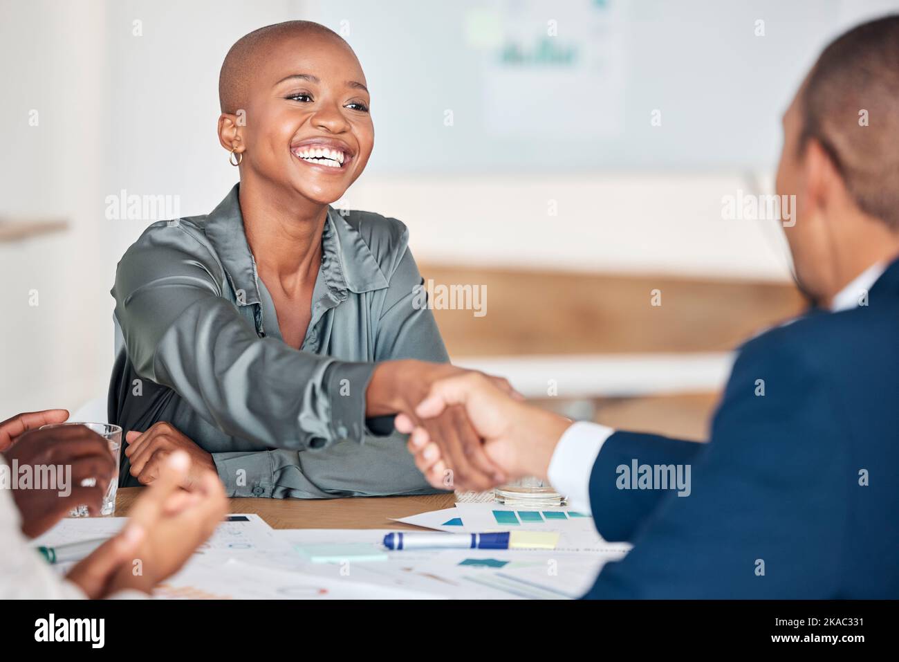 Business deal, handshake and partnership with employees shaking hands ...