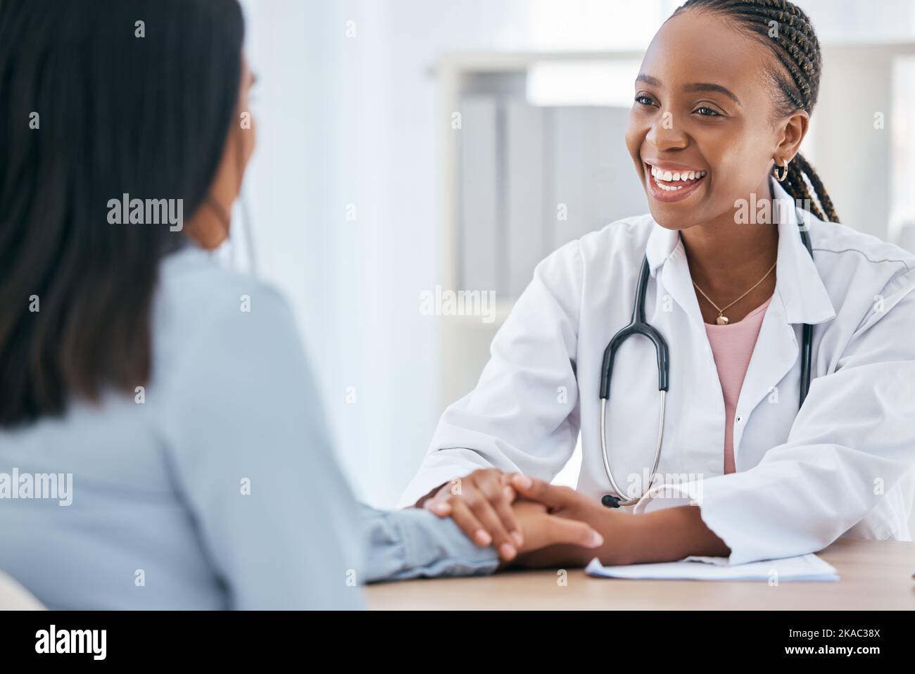 Happy doctor, holding hands and patient empathy, healthcare or medical ...