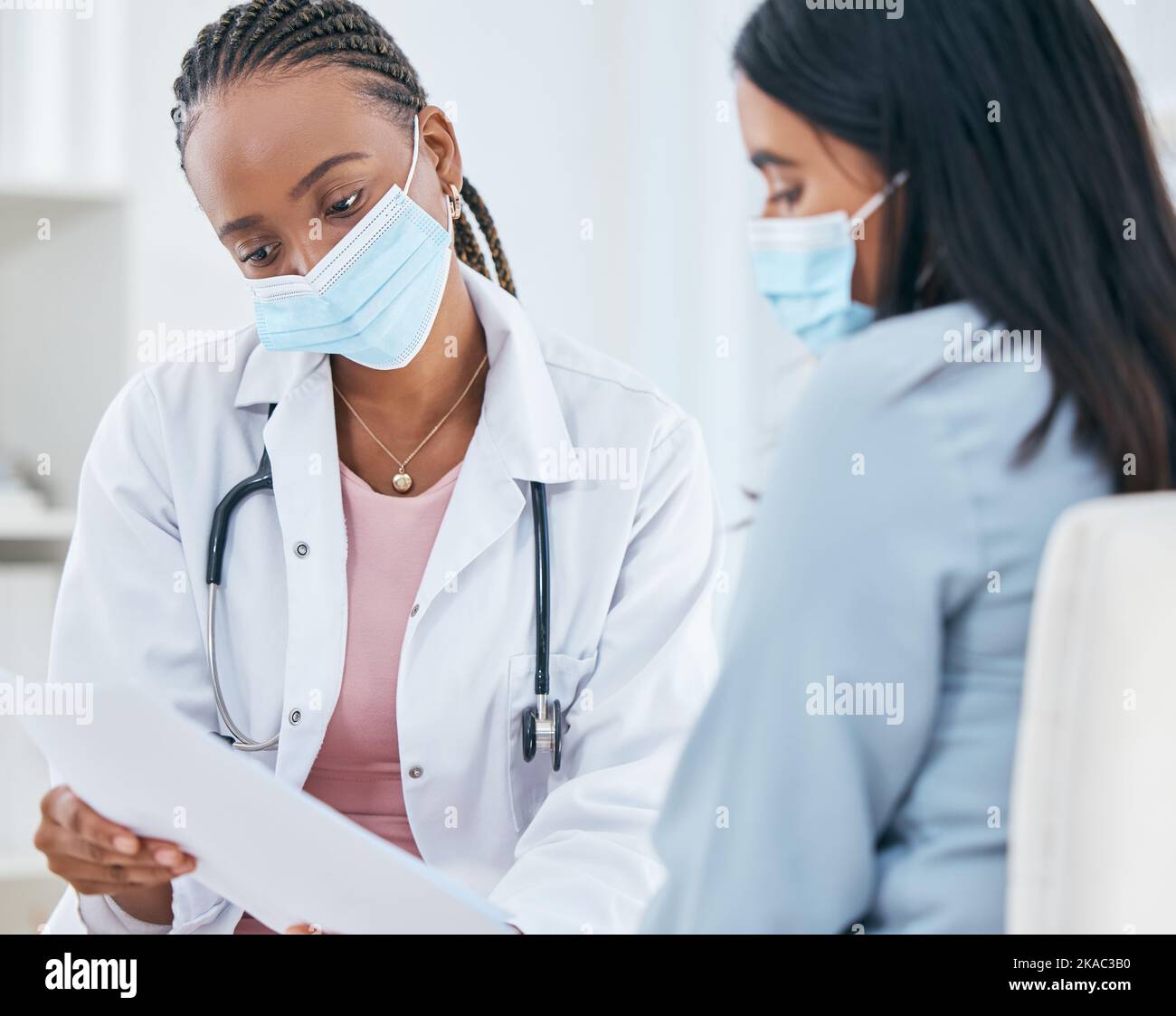 Healthcare, covid and test results of patient woman in hospital with a ...