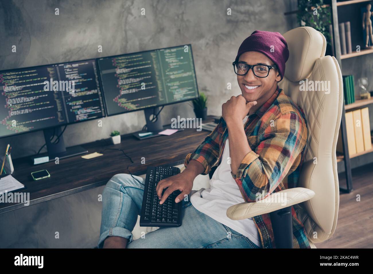 Profile photo of handsome guy hardware expert sitting chair arm touch ...