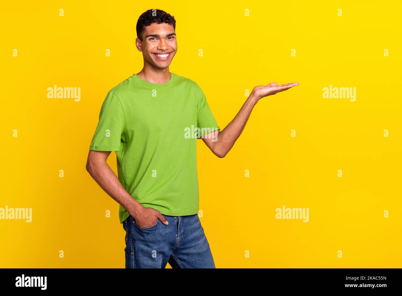 Portrait photo of young attractive handsome smiling guy hold hand ...