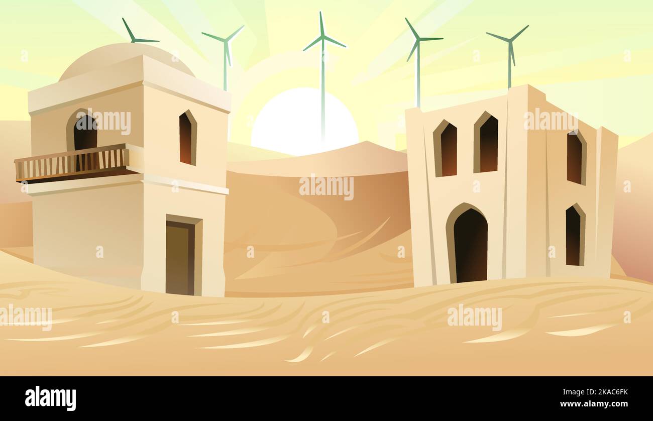 Arab clay hut. Wind turbines in sandy desert. Middle Eastern adobe ...