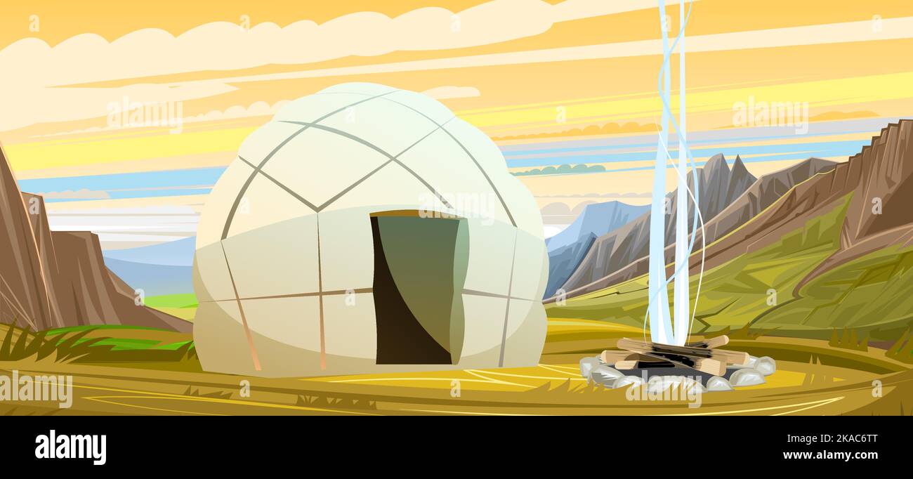 Yurt in tundra. Smoking fire. Against backdrop of mountains. Dwelling ...
