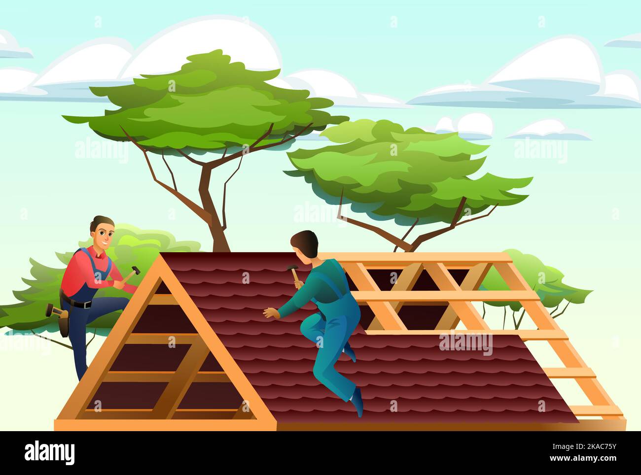 Tiling roofing material. Workers work on roof. Against backdrop of ...