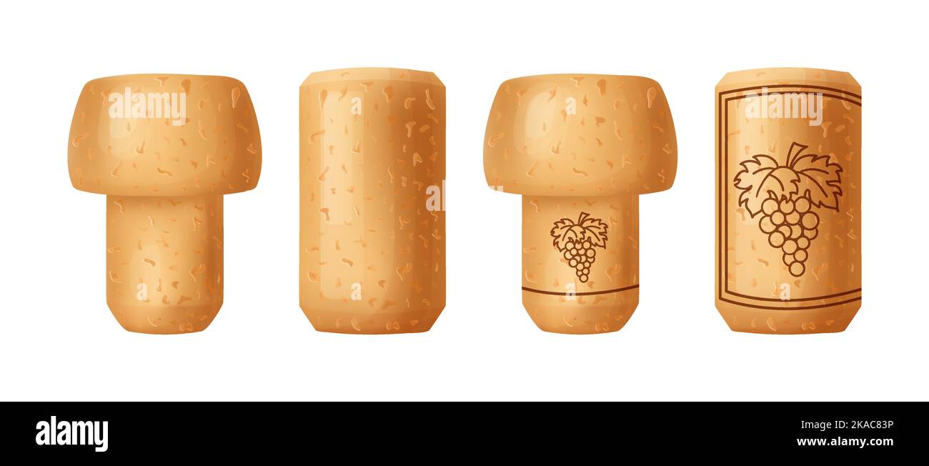 Set cork stopper wooden taps. Wine bung in cartoon. Corkwood plug with ...