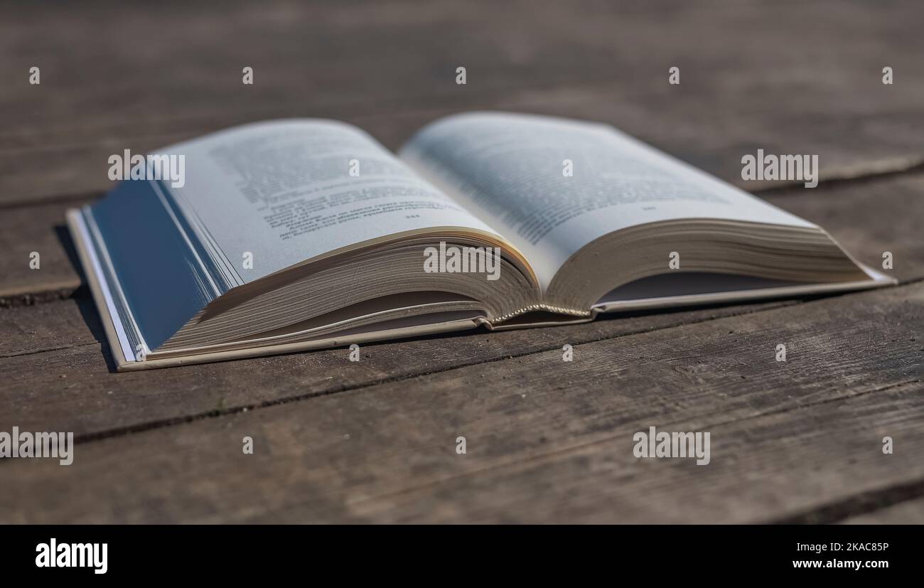 Open modern book on old wood desk with daylight. Concept of knowledge ...
