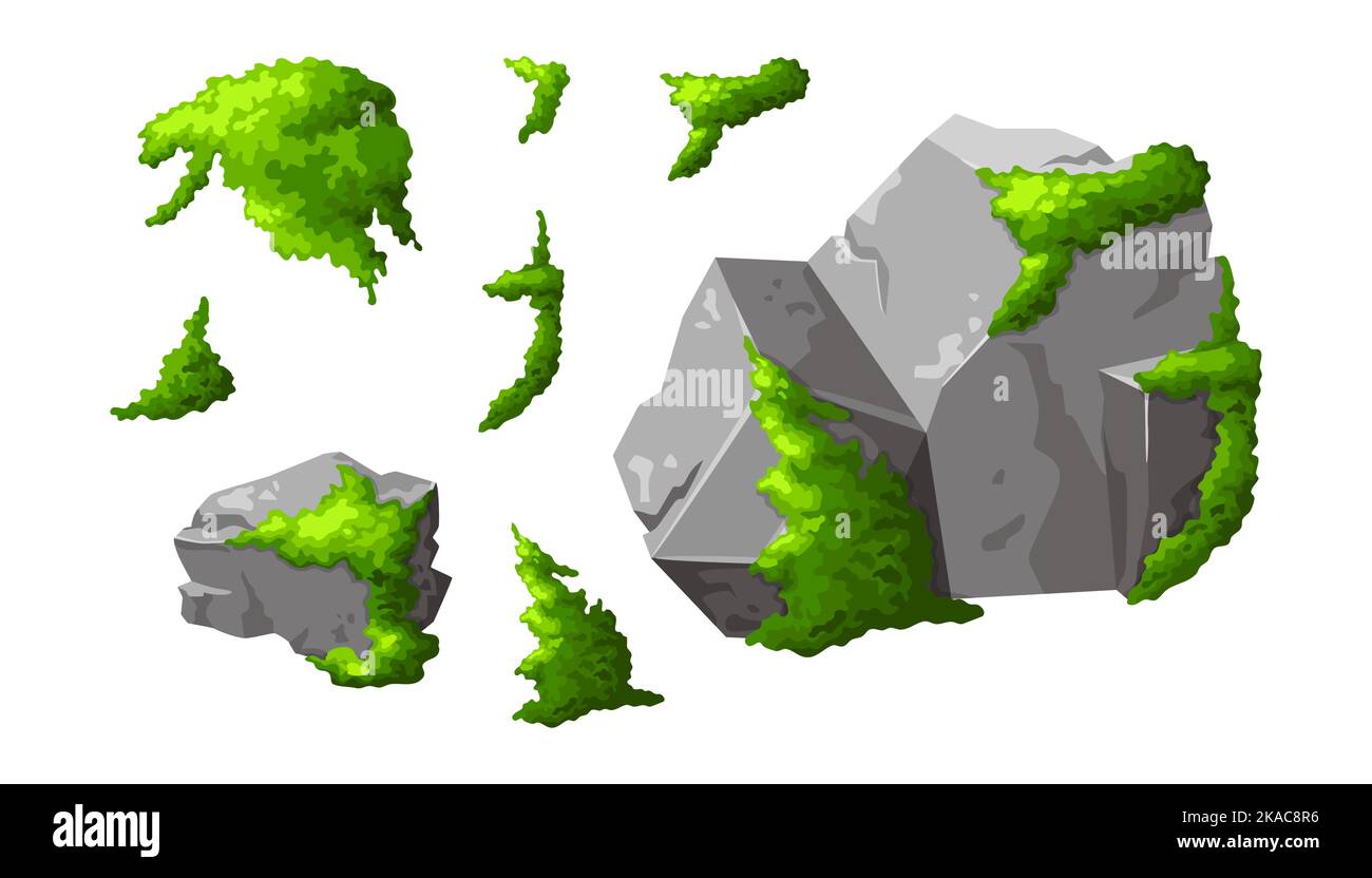 Set forest rock with moss. Gray stone brocken in cartoon. Isolated game ...