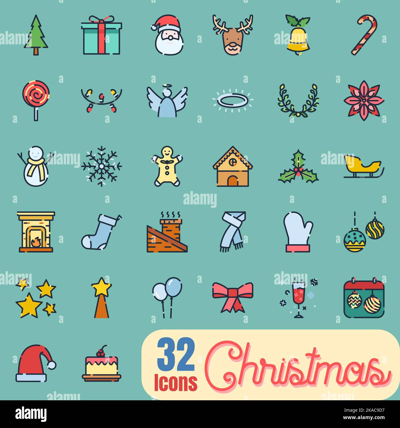 Christmas icons set colored outline style. Vector illustrations Stock ...