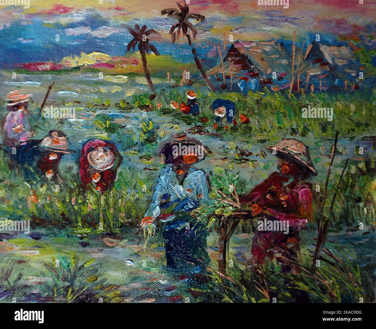 Art painting oil color Thailand Grow rice , Transplant rice seedlings ...