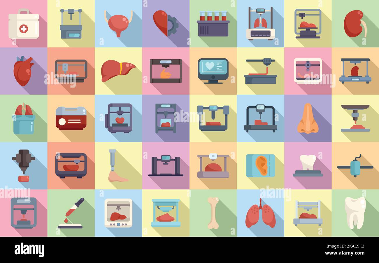 Bioprinting icons set flat vector. Anatomy bioprinter. Bone cell Stock ...