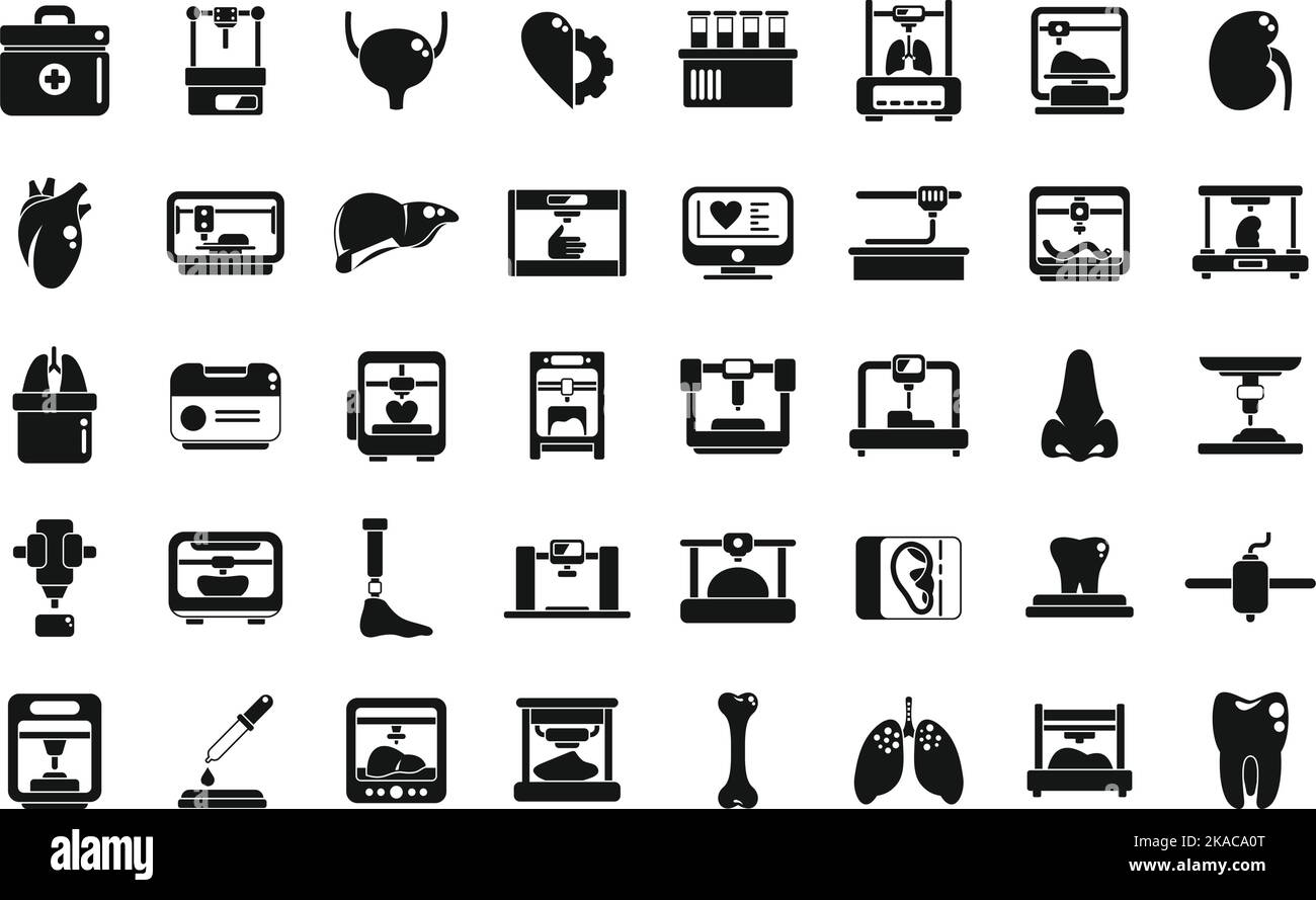 Bioprinting icons set simple vector. Anatomy bioprinter. Bone cell ...