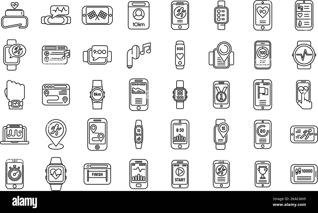 Runner app icons set outline vector. Body activity. Heart data Stock ...